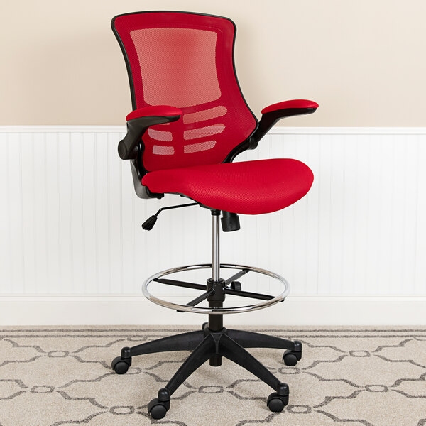 Flash Furniture BL-X-5M-D-RED-GG Mid-Back Red Mesh Drafting Stool with ...