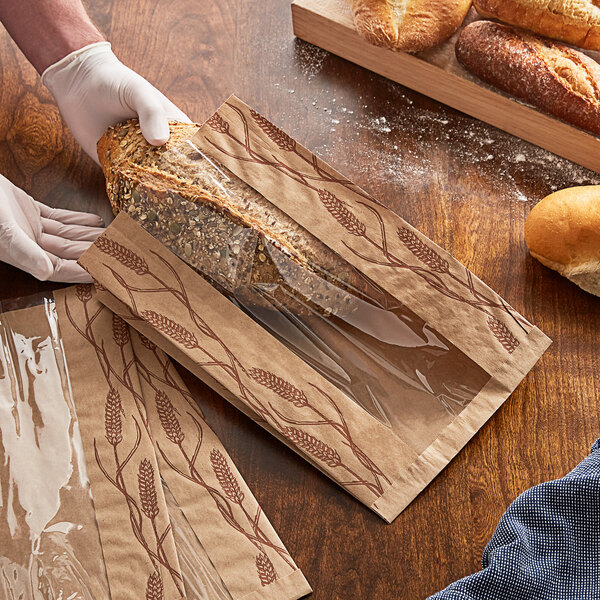 8 1/2" x 3" x 14" Kraft Paper Window Bread Bag with Wheat Design Print ...
