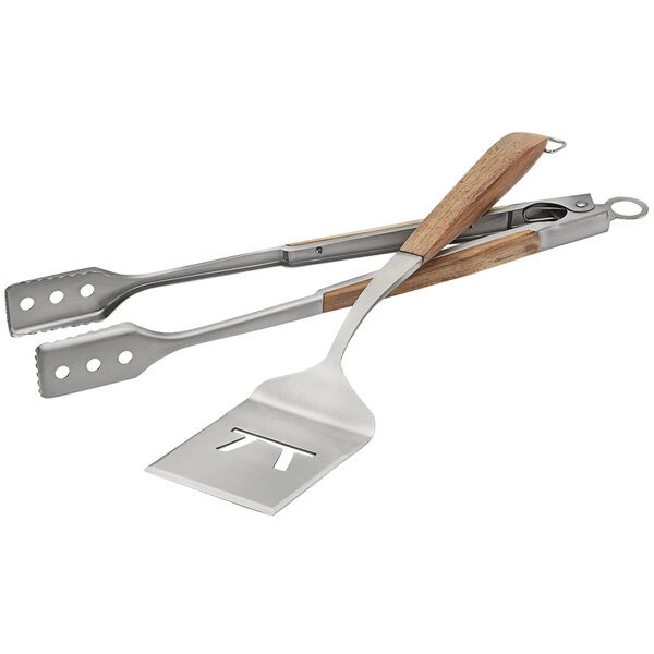 Stainless Steel Turner & Locking Tongs Set w/ Acacia Wood Handles