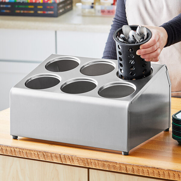 Tablecraft 7062 6 Hole Stainless Steel Flatware Cylinder Holder