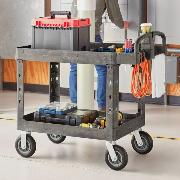 Lavex Industrial Large Black 2-Shelf Utility Cart with Ergonomic Handle ...