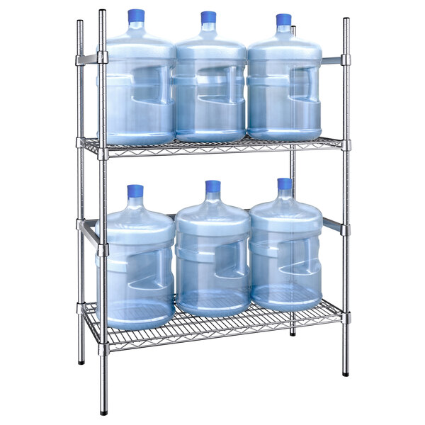Regency 6-Jug Chrome 5 Gallon Water Jug Rack - 18" x 36" x 54" - 2 Shelves