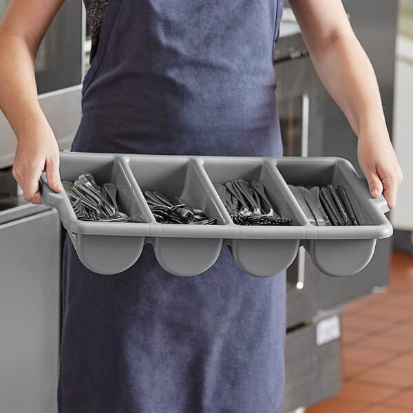Choice Gray 4-Compartment Plastic Cutlery Box / Flatware Bin with Handles