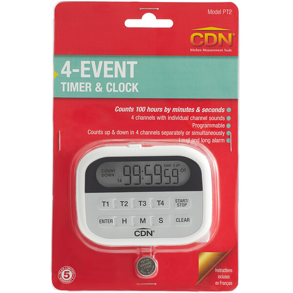 CDN PT2 Digital 4 Channel 100 Hour Kitchen Timer with Clock