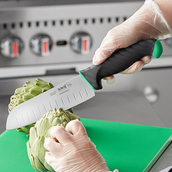 Schraf™ 7" Granton Edge Santoku Knife with Green TPRgrip Handle