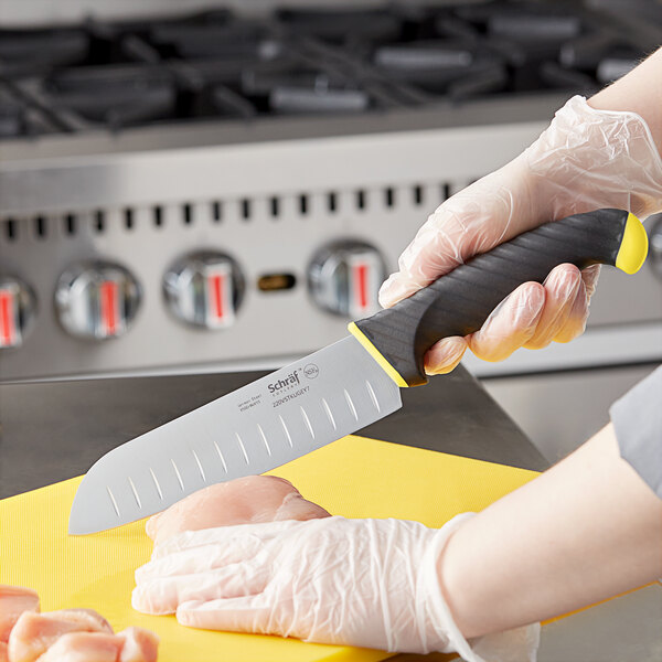 Schraf™ 7" Granton Edge Santoku Knife with Yellow TPRgrip Handle