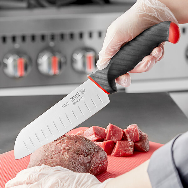 Schraf™ 7" Granton Edge Santoku Knife with Red TPRgrip Handle