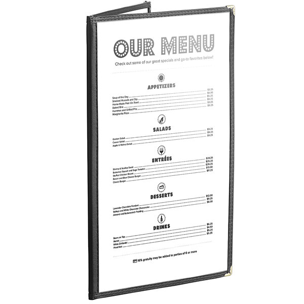 Choice 8 1/2" x 14" Black 4-View Two Pocket Menu Cover