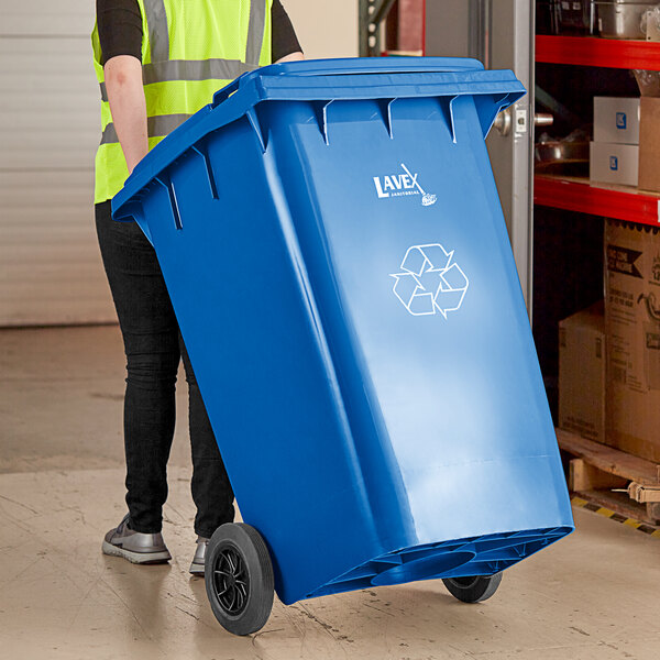 Lavex 95 Gallon Blue Wheeled Rectangular Recycle Bin with Lid