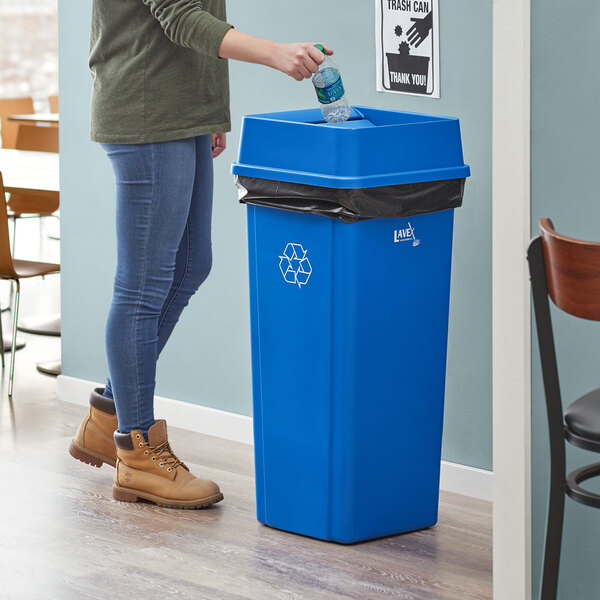 Lavex Janitorial 23 Gallon Blue Square Recycle Bin with Swing Lid