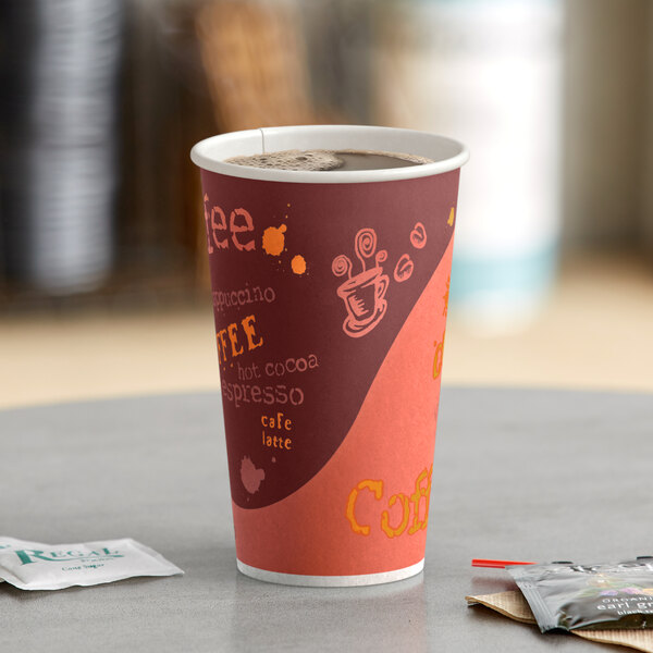 Choice 16 oz. Coffee Print Poly Paper Hot Cup - 50/Pack