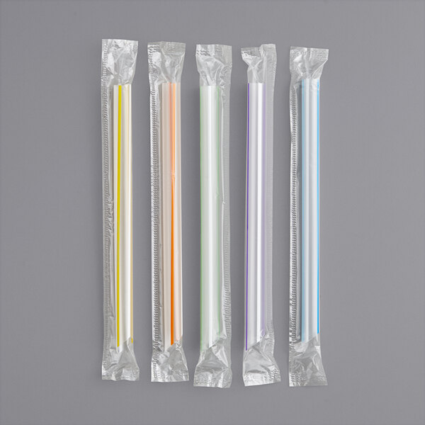 Choice 7 3/4" Multicolor Stripe Extra Wide Pointed Wrapped Boba Straw ...