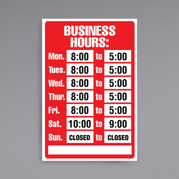 Business Hours Sign with Numbers - 12" x 8"
