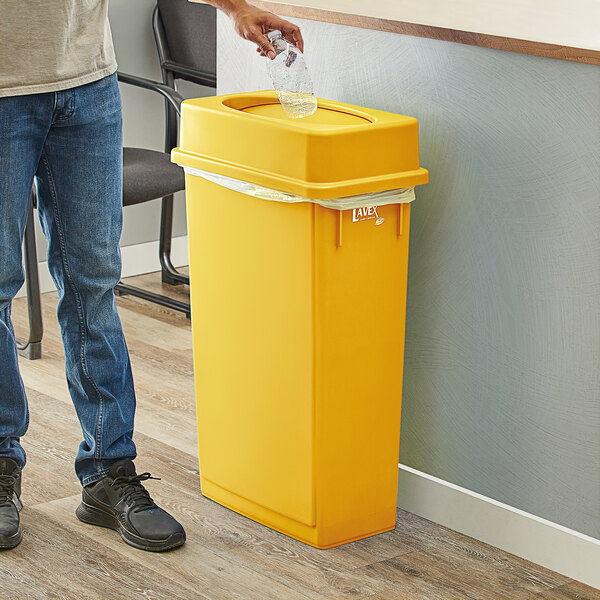 Lavex 23 Gallon Yellow Slim Rectangular Trash Can with Drop Shot Lid