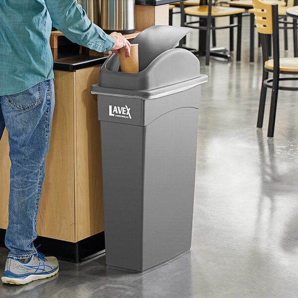 Lavex Janitorial 23 Gallon Gray Slim Rectangular Trash Can with Dome ...