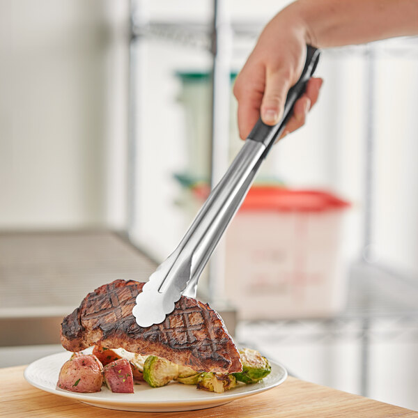 Choice 16" Black Coated Handle Stainless Steel Scalloped Tongs