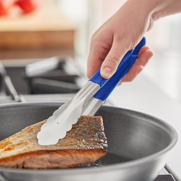 Choice 9 1/2" Blue Coated Handle Stainless Steel Scalloped Tongs