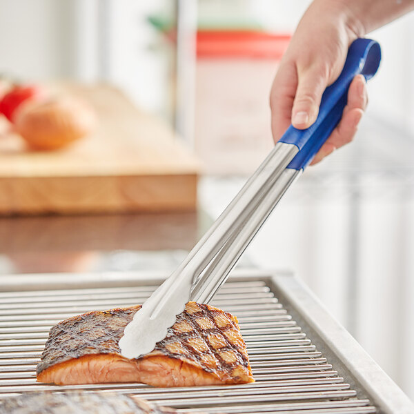 Choice 16" Blue Coated Handle Stainless Steel Scalloped Tongs