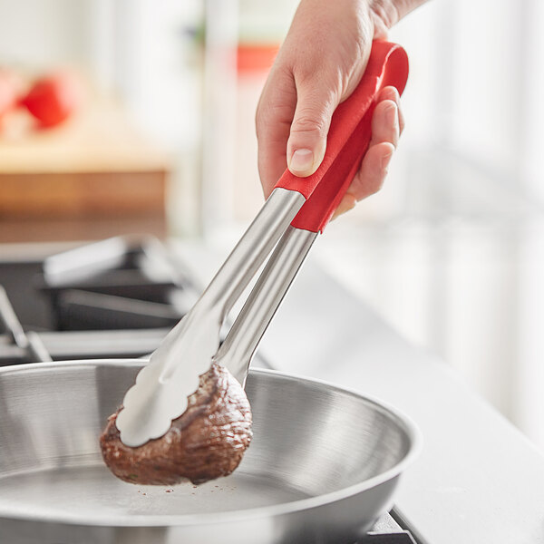 Choice 12" Red Coated Handle Stainless Steel Scalloped Tongs