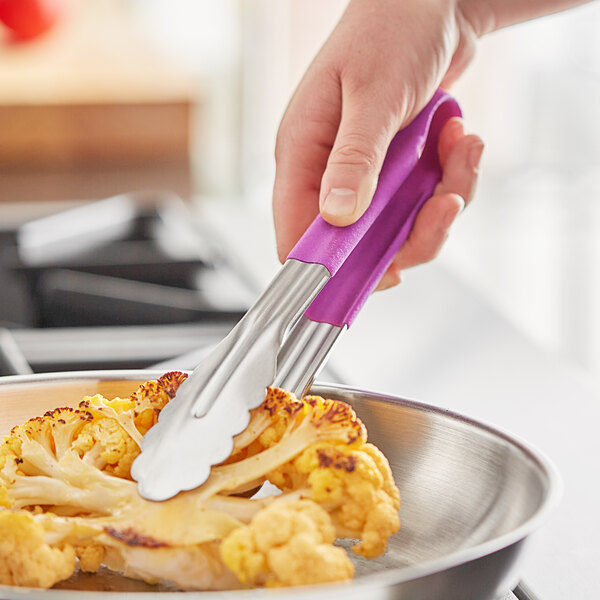 Choice 9 1/2" Purple Coated Handle Stainless Steel Scalloped Tongs