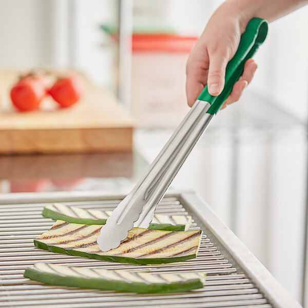 Choice 16" Green Coated Handle Stainless Steel Scalloped Tongs
