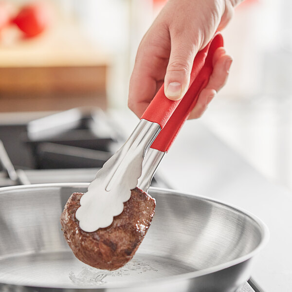 Choice 9 1/2" Red Coated Handle Stainless Steel Scalloped Tongs