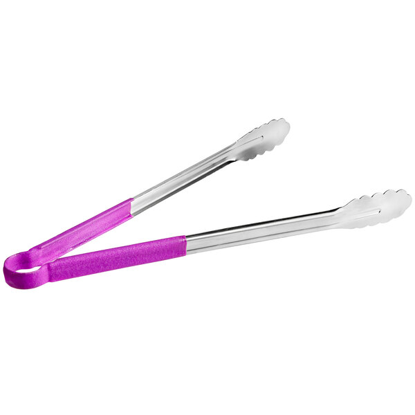 Choice 16" Purple Coated Handle Stainless Steel Scalloped Tongs
