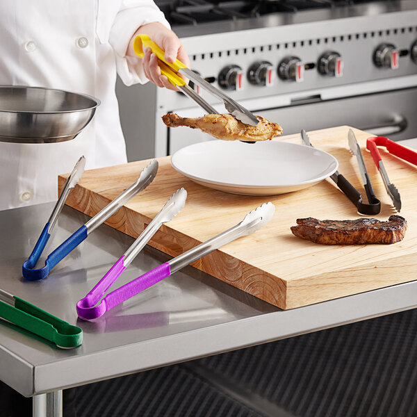 Choice 16" Purple Coated Handle Stainless Steel Scalloped Tongs