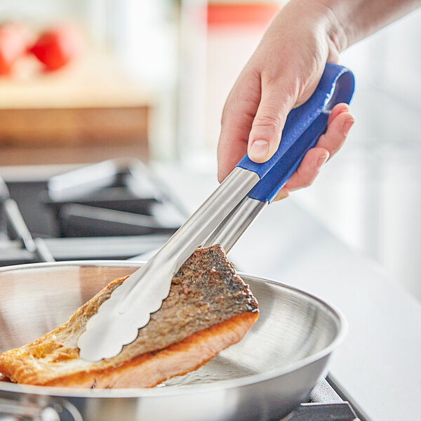 Choice 12" Blue Coated Handle Stainless Steel Scalloped Tongs