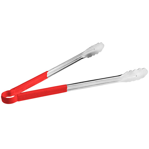 Choice 16" Red Coated Handle Stainless Steel Scalloped Tongs