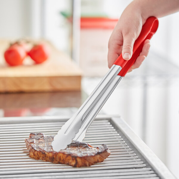 Choice 16" Red Coated Handle Stainless Steel Scalloped Tongs