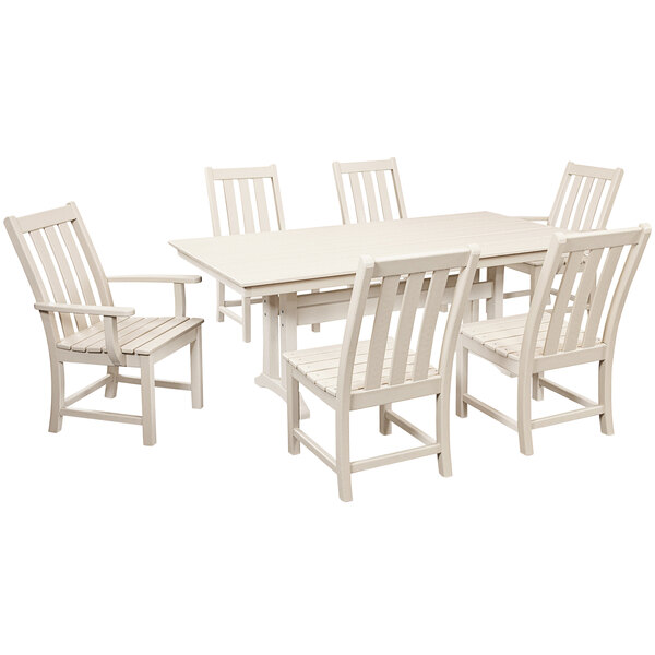 POLYWOOD Vineyard 7-Piece Sand Dining Set with Farmhouse Trestle Table