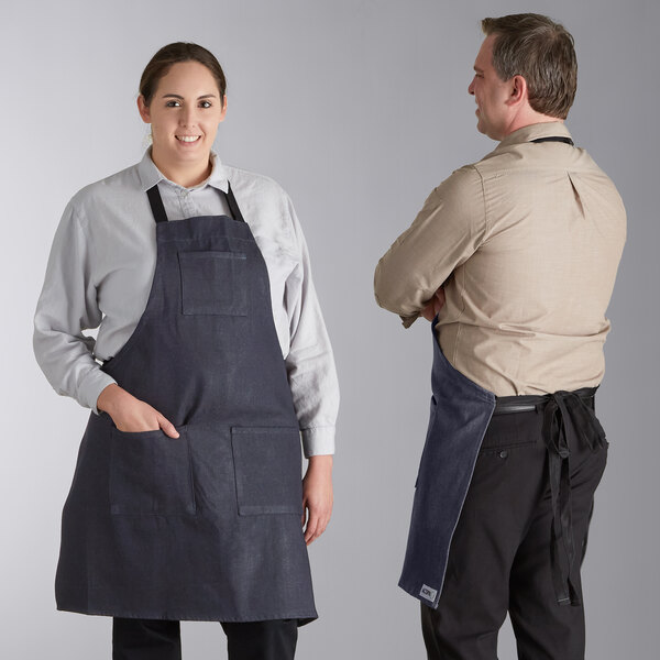 Acopa Kennett Blue Denim Adjustable Bib Apron with 3 Pockets and Black ...