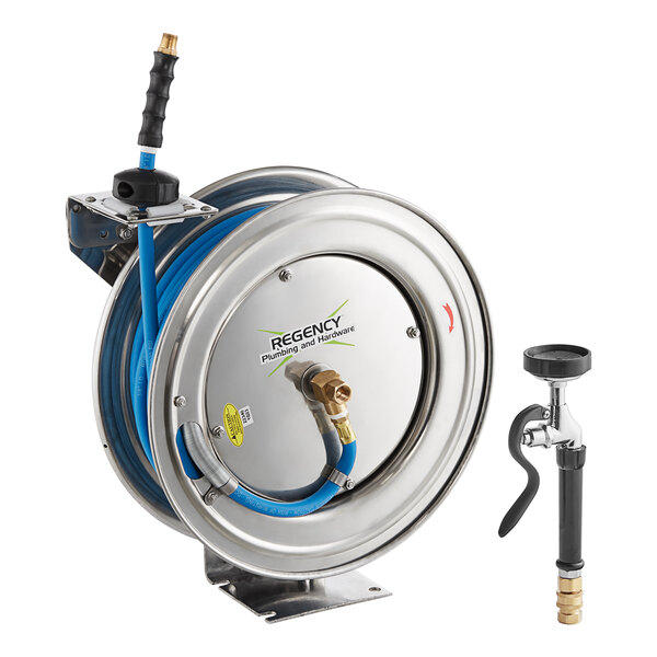 Regency Open Stainless Steel Hose Reel with 50' Hose and Spray Valve
