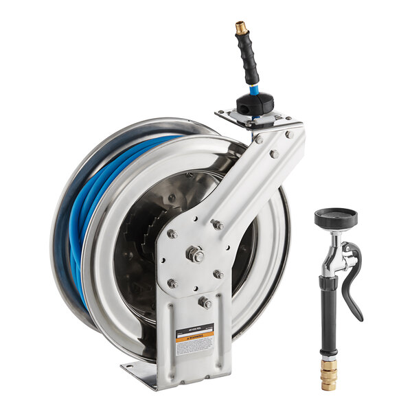 Regency Open Stainless Steel Hose Reel with 50' Hose and Spray Valve