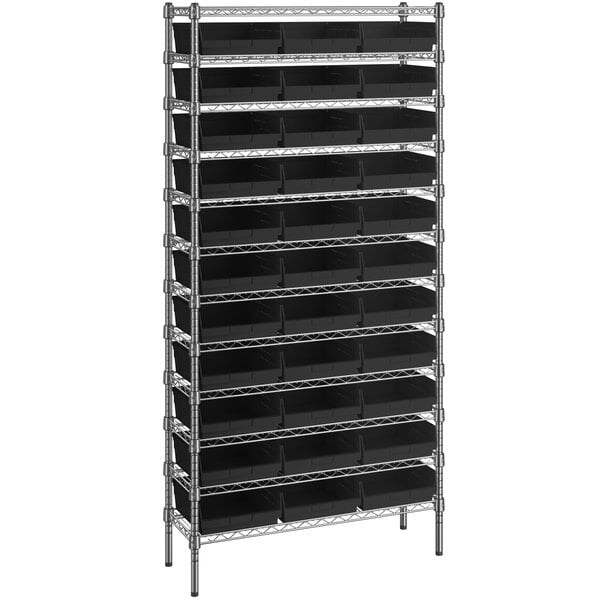 Regency 12" x 36" x 74" Wire Shelving Unit with 33 Black Bins