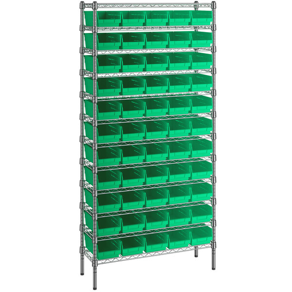 Regency 12" x 36" x 74" Wire Shelving Unit with 55 Green Bins