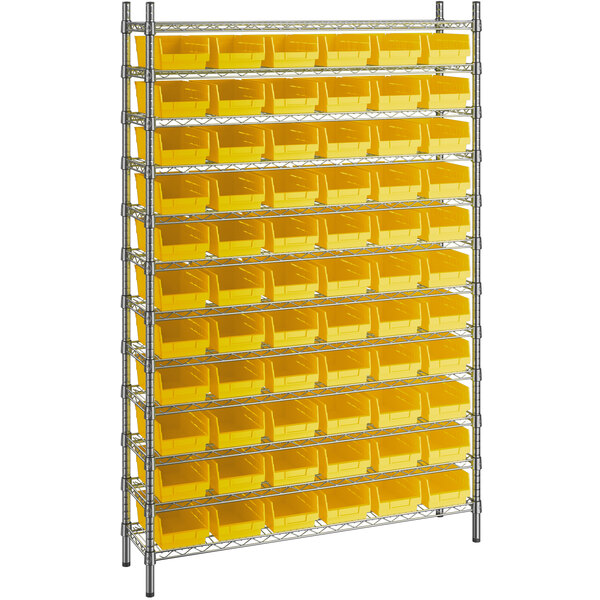 Regency 12" x 48" x 74" Wire Shelving Unit with 66 Yellow Bins