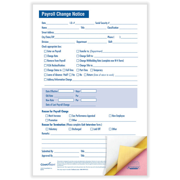 ComplyRight 5 1/2" x 8 1/2" 3-Part Payroll Change Notice - 50/Pack