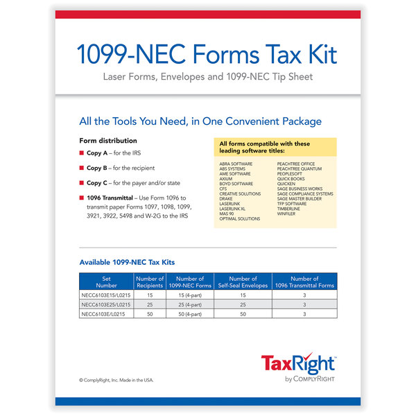 ComplyRight TaxRight 1099-NEC 4-Part Tax Forms for 25 Recipients with ...