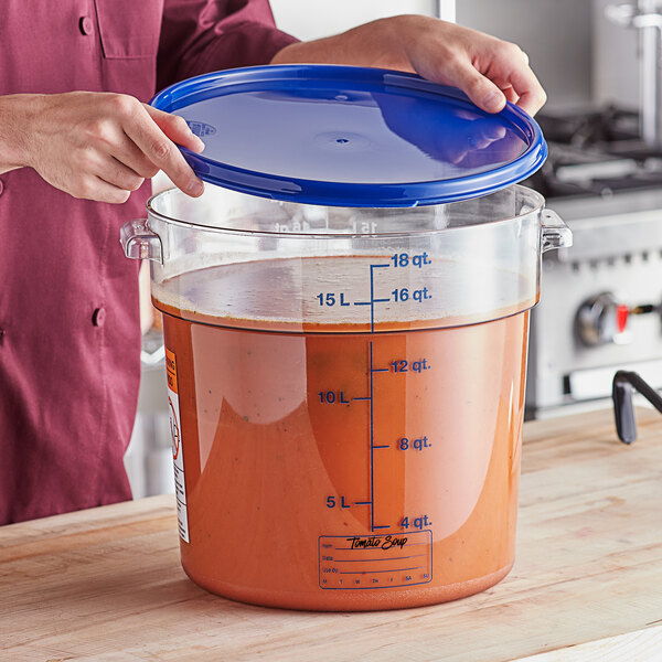 Vigor 18 Qt. Clear Round Polycarbonate Food Storage Container and Blue Lid