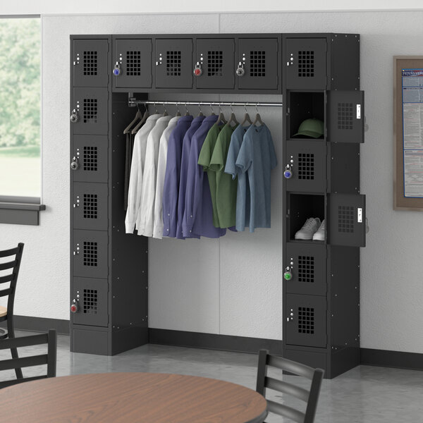 Regency Space Solutions Black 6 Tier Locker with 16 Compartments and Garment Rack