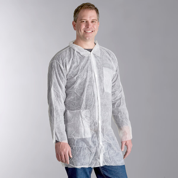 Malt Impact PolyLite M1730-M White Polypropylene Snap Front Long Sleeve ...