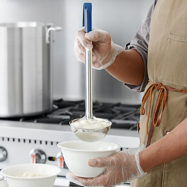 Choice 8 oz. One-Piece Stainless Steel Ladle with Blue Coated Handle