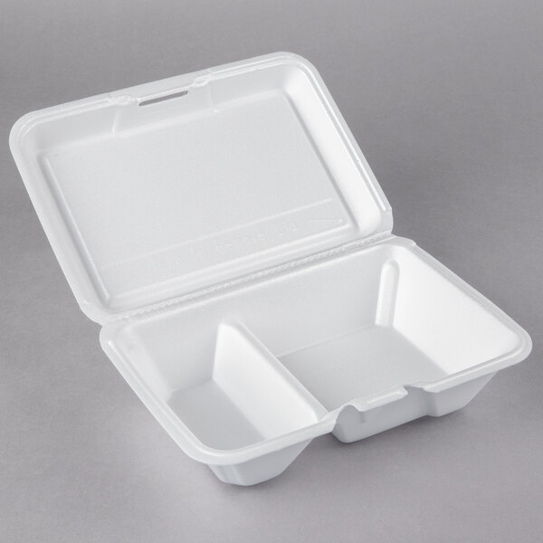 Dart 205HT2 9" x 6" x 3" White Foam 2 Compartment Take Out Container with Perforated Hinged Lid ...