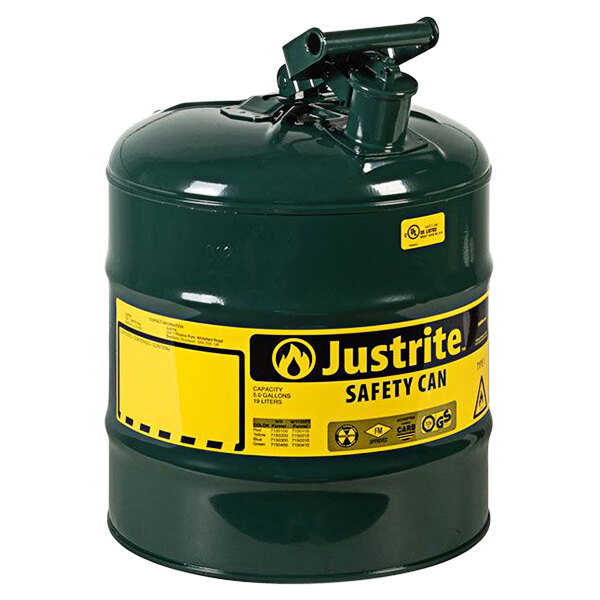 Justrite 5 Gallon Type I Green Steel Oil Safety Can with Flame Arrester ...