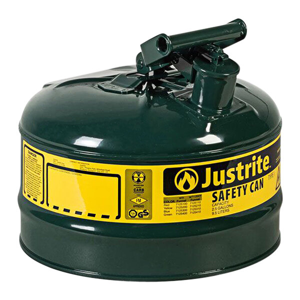 Justrite 2.5 Gallon Type I Green Steel Oil Safety Can with Flame ...