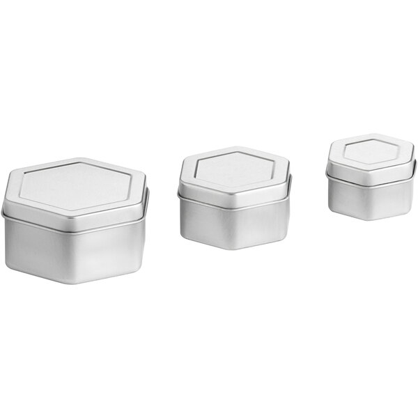 2 3/8" x 1 3/8" Silver Hexagon-Shaped Tin with Slip Cover - 1440/Case