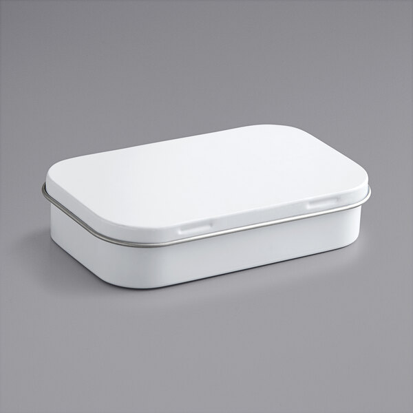 3 11/16" x 2 1/4" x 13/16" White Rectangular Tin with Hinged Lid - 200/Case