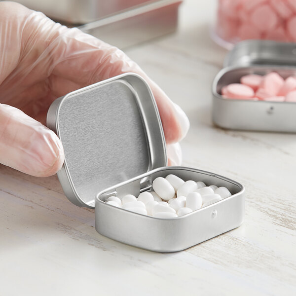 2 3/8" x 1 13/16" x 11/16" Silver Rectangular Tin with Hinged Lid - 384 ...